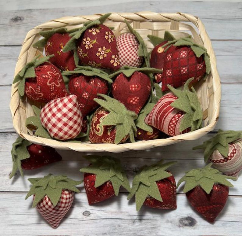 Strawberry Bowl Fillers, Primitive Homespun Handmade Fabric Strawberries, Tiered Tray Decor ...