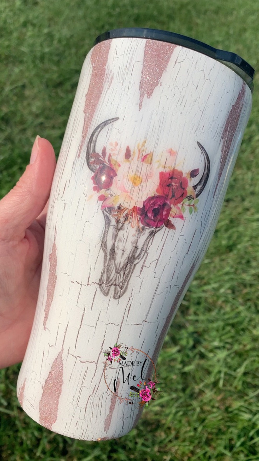 Distressed Wood Bullhead Glitter Pink Rose Gold Insulated Tumbler Cup ...