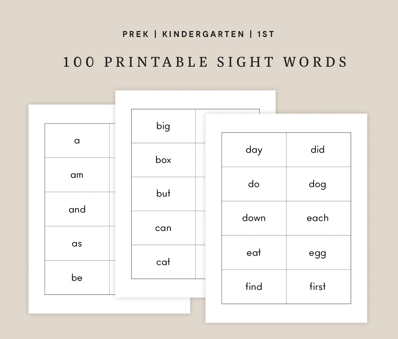 100 Sight Word Cards Practice Printable Sight Word Minimal Homeschool ...