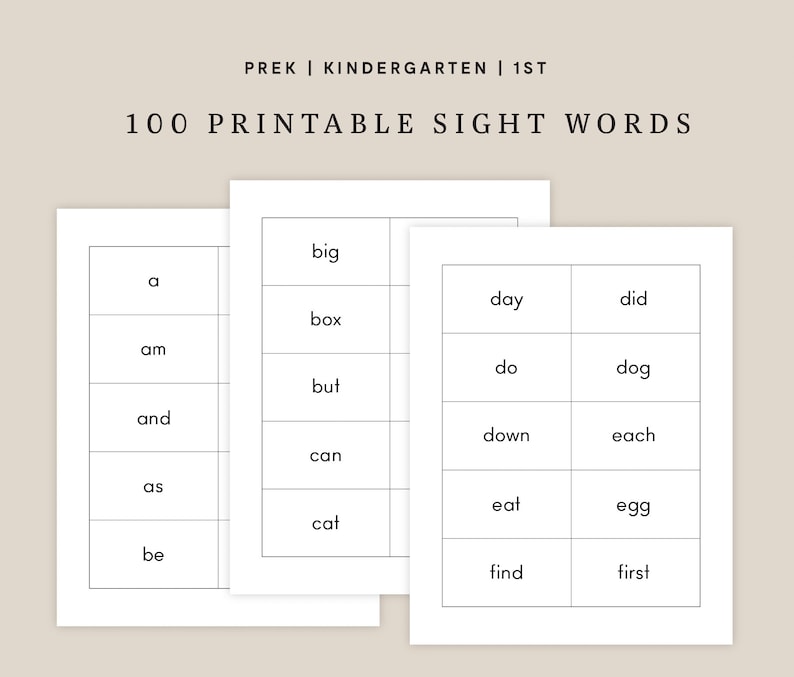 100 Sight Word Cards Practice Printable Sight Word Minimal Homeschool ...