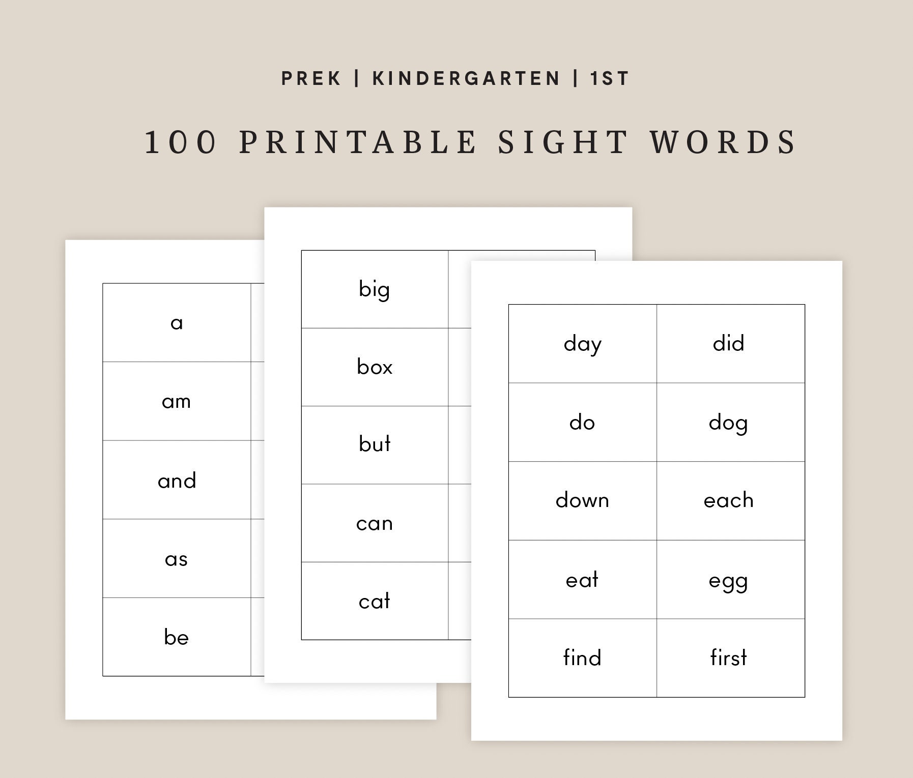 100 Sight Word Cards Practice Printable Sight Word Minimal Homeschool ...