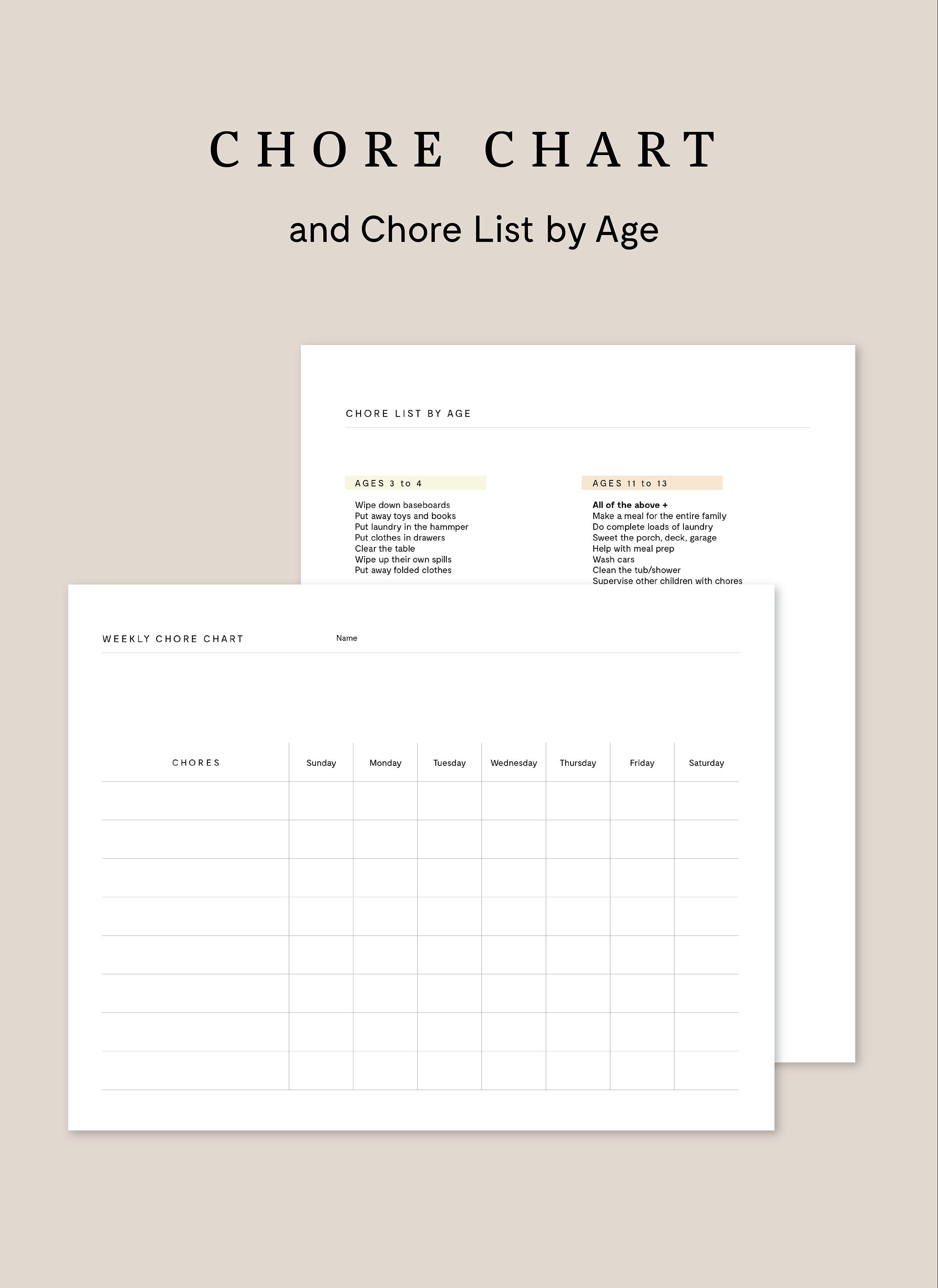 Chore Chart and Chore List by Age Toddler Chore Elementary Chore List ...