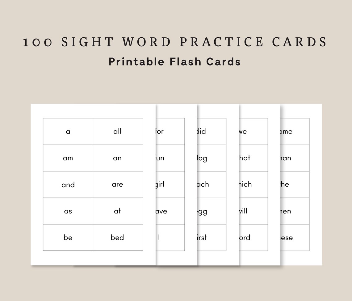 100 Sight Word Cards Practice Printable Sight Word Minimal Homeschool ...
