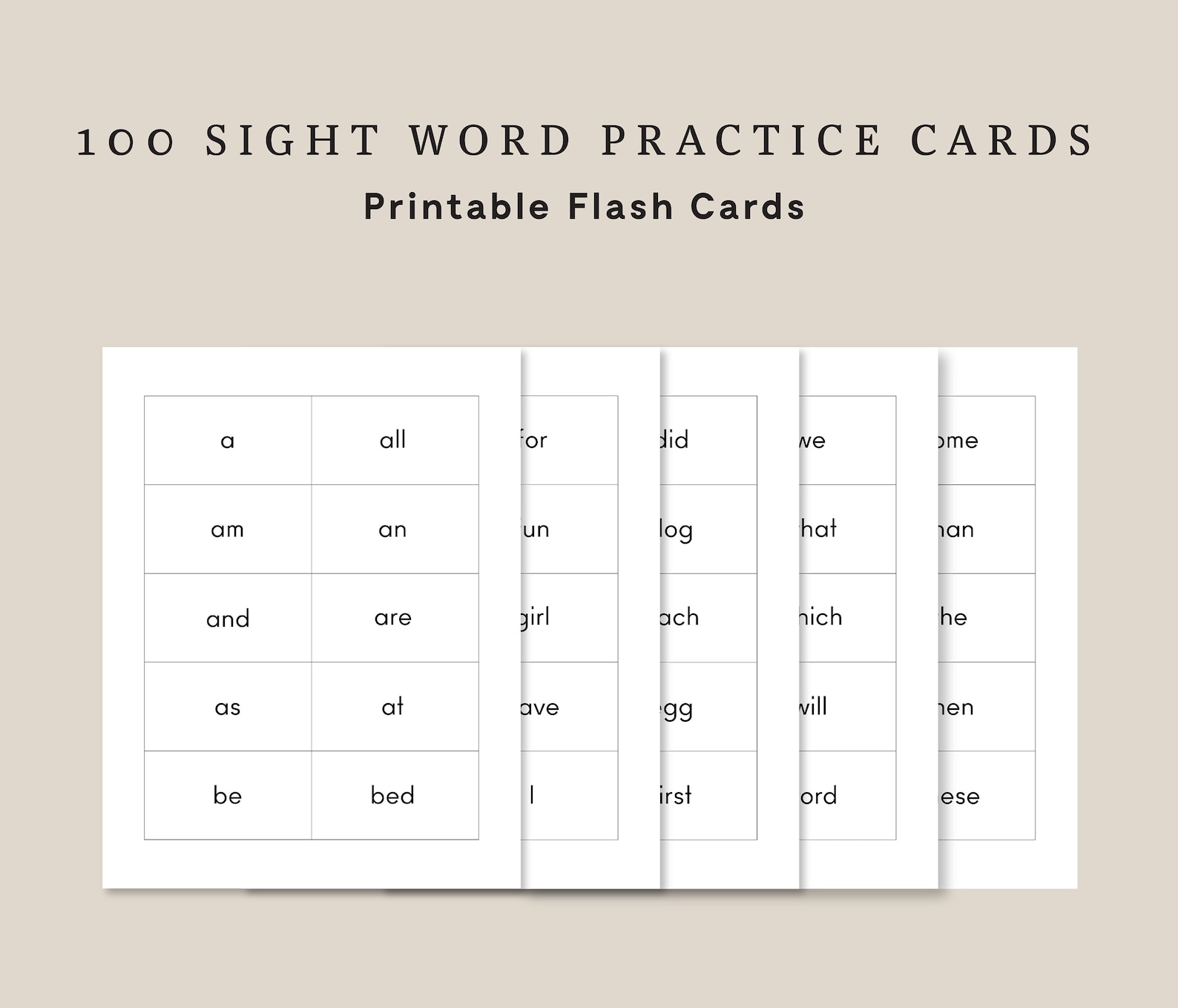 100 Sight Word Cards Practice Printable Sight Word Minimal Homeschool ...