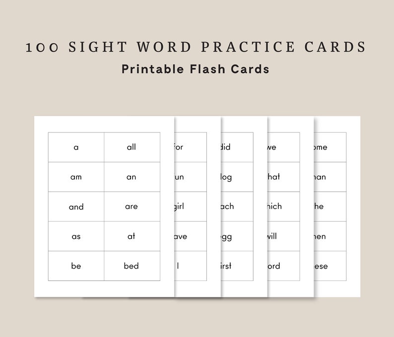 100 Sight Word Cards Practice Printable Sight Word Minimal Homeschool ...