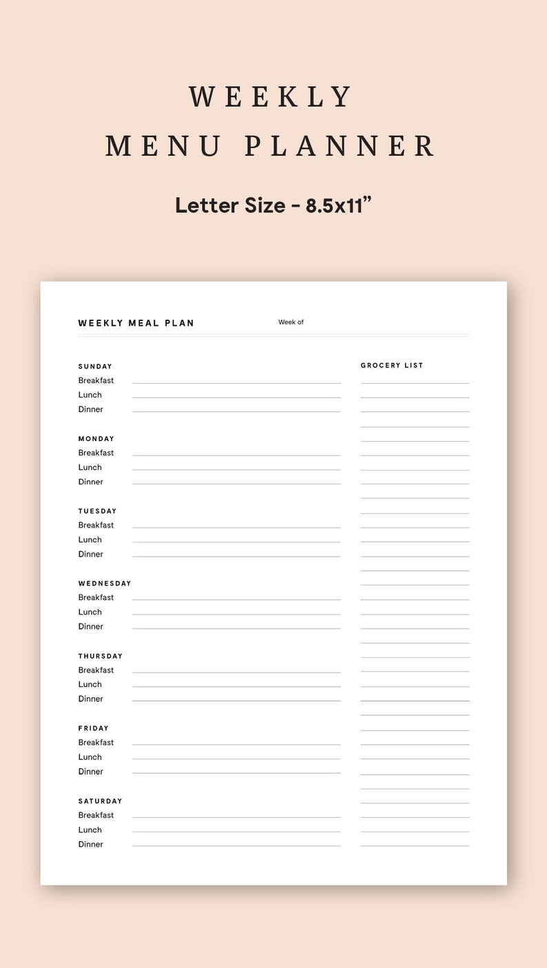 Weekly Menu Planner Printable Menu Plan Digital Download Meal Planning ...