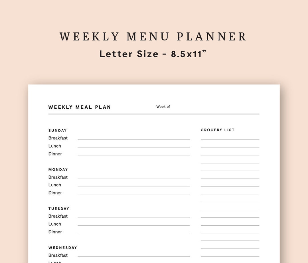 Weekly Menu Planner Printable Menu Plan Digital Download Meal Planning ...