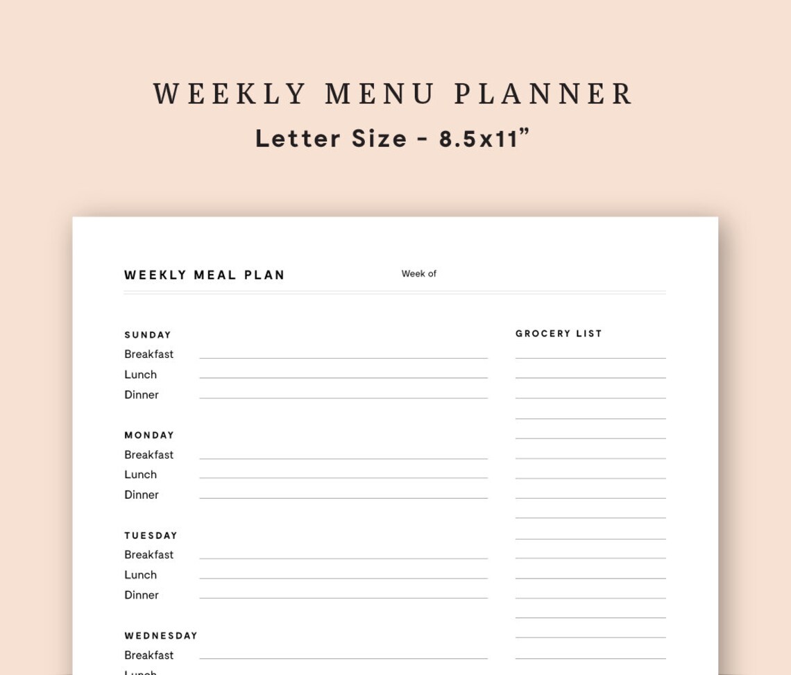 Weekly Menu Planner Printable Menu Plan Digital Download Meal Planning ...