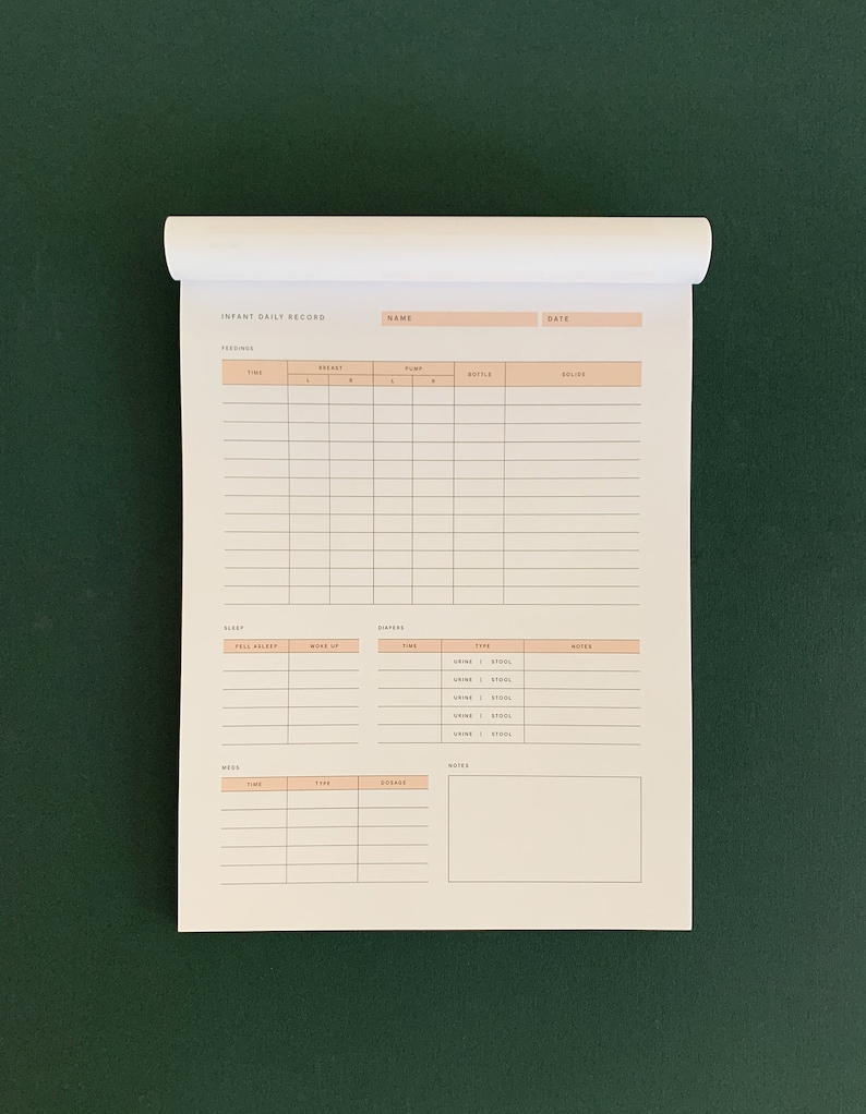 Printed Infant Daily Log Notepad Newborn Feeding Diaper Notepad Newborn ...
