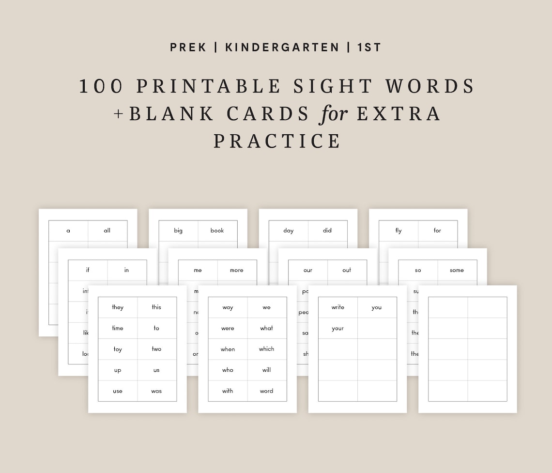 100 Sight Word Cards Practice Printable Sight Word Minimal Homeschool ...
