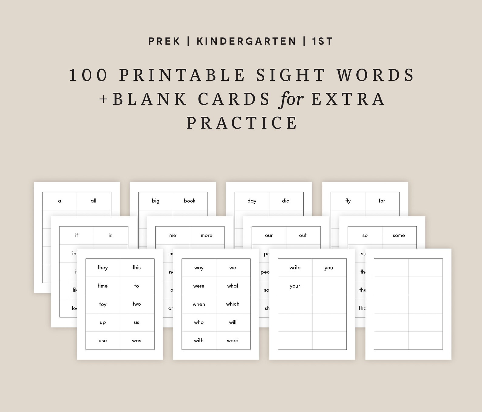 100 Sight Word Cards Practice Printable Sight Word Minimal Homeschool ...
