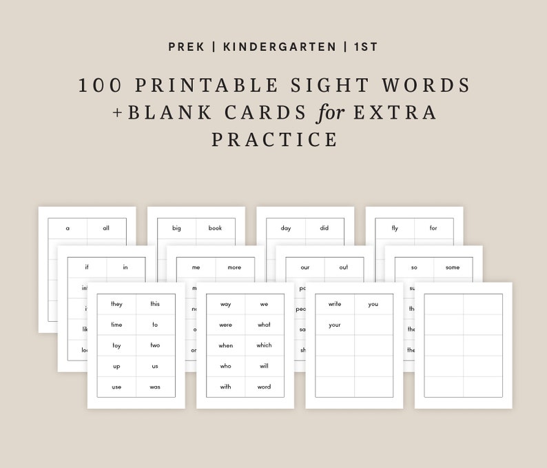 100 Sight Word Cards Practice Printable Sight Word Minimal Homeschool ...