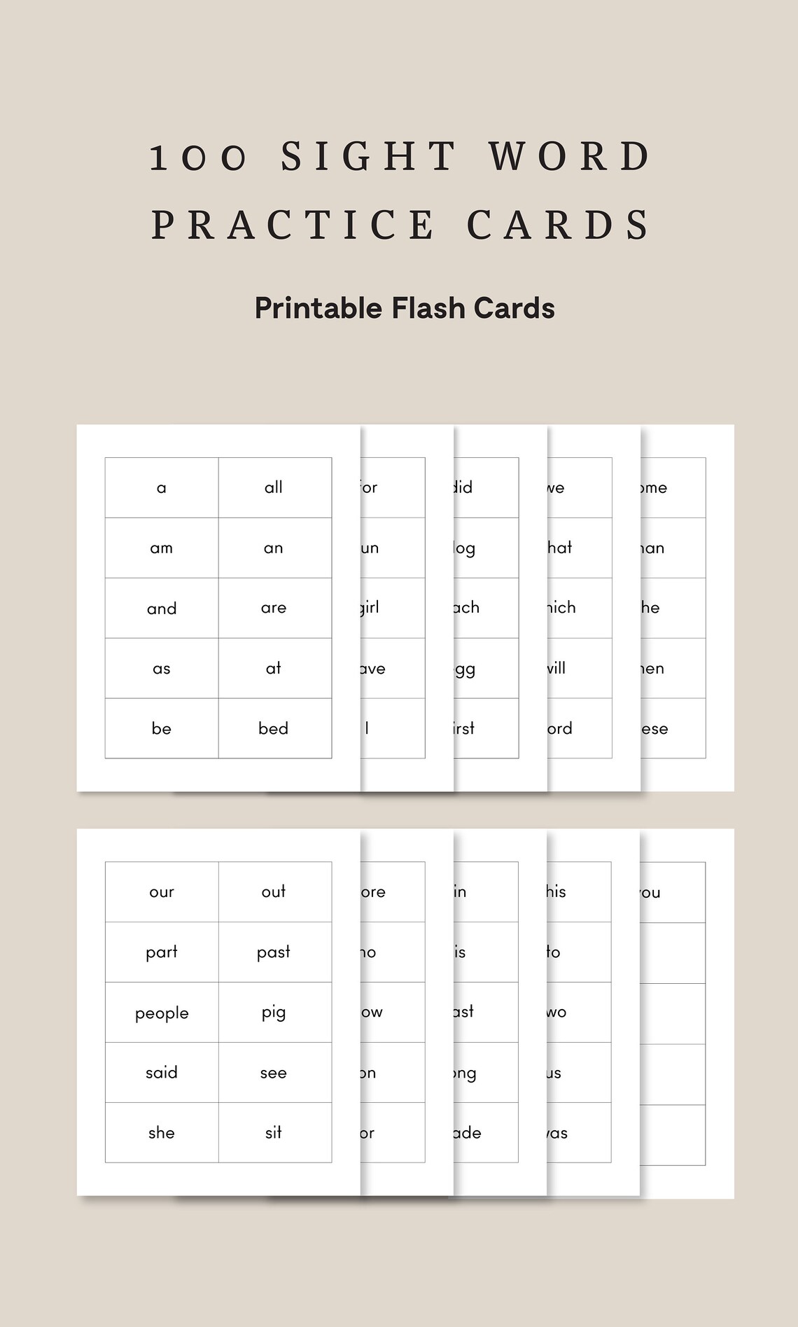 100 Sight Word Cards Practice Printable Sight Word Minimal Homeschool ...