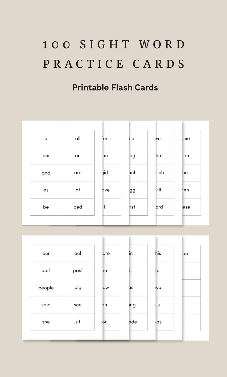 100 Sight Word Cards Practice Printable Sight Word Minimal Homeschool ...