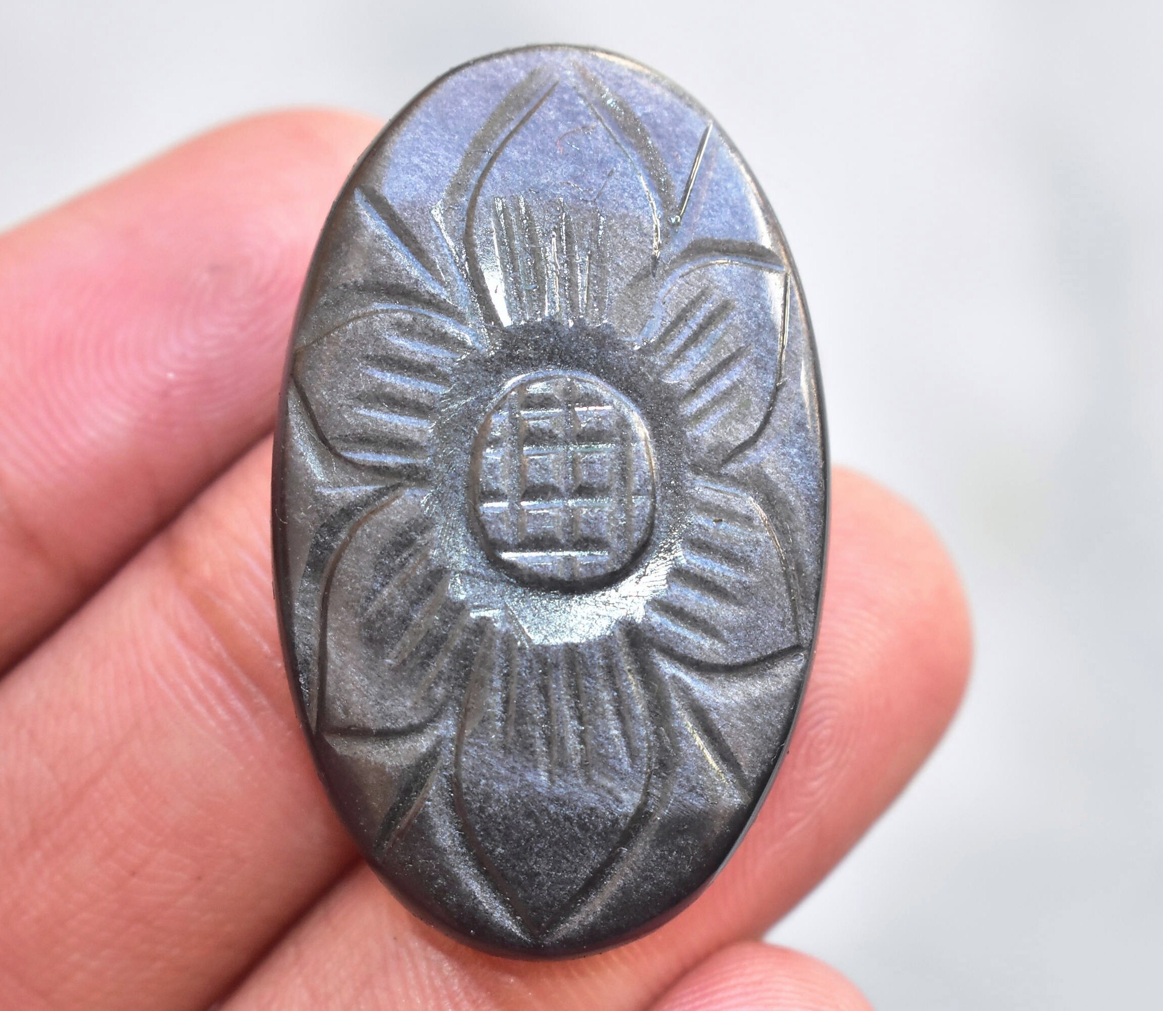 Silver Sheen Obsidian Carving Cabochon Round Shape Top Flashy Silver ...