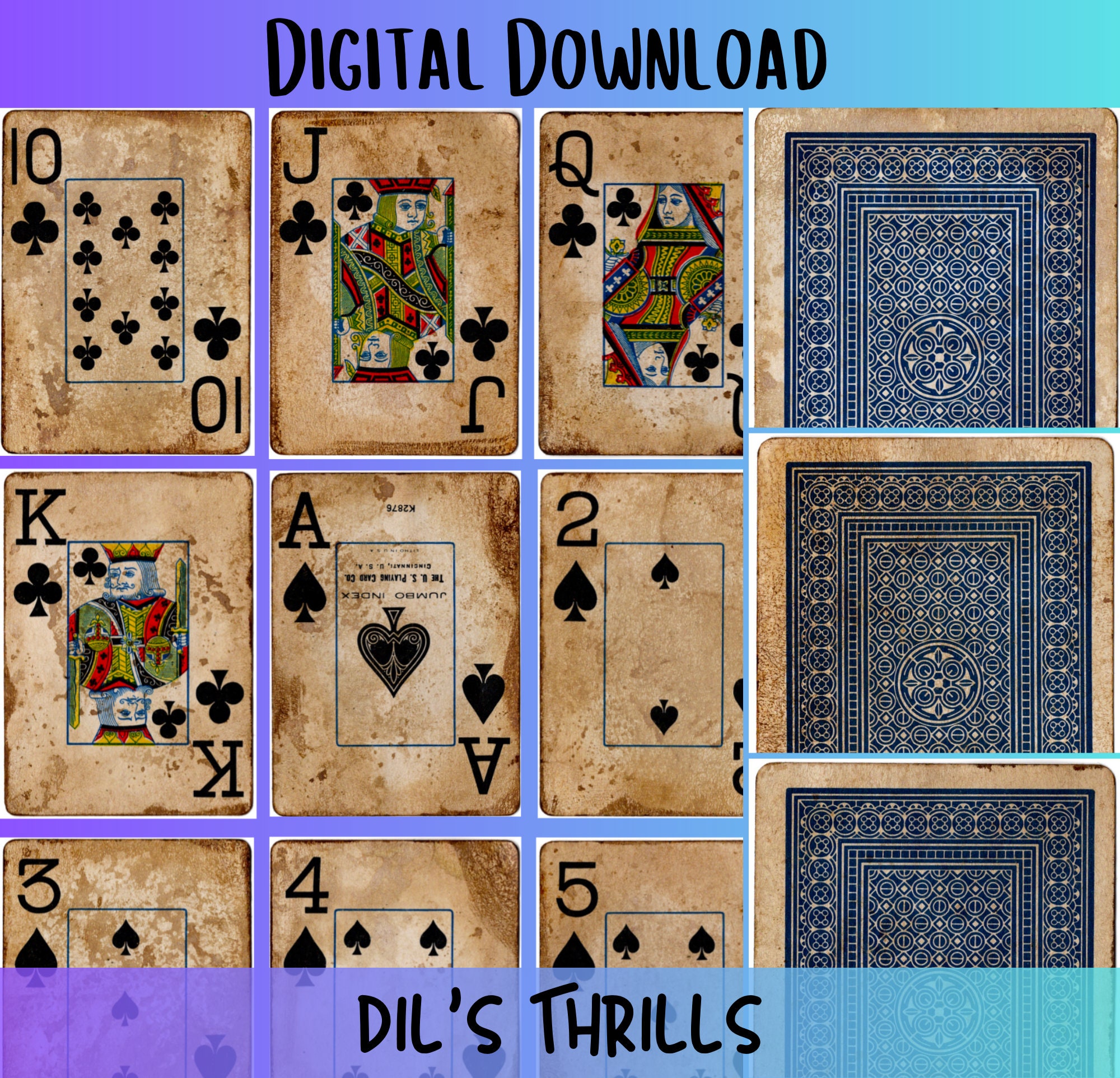 Aged Distressed Playing Cards- Full Deck - Altered Grunge Vintage Look ...