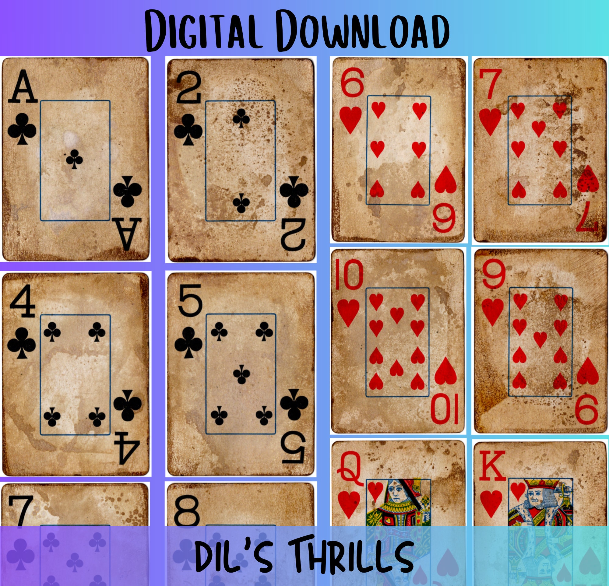 Aged Distressed Playing Cards- Full Deck - Altered Grunge Vintage Look ...