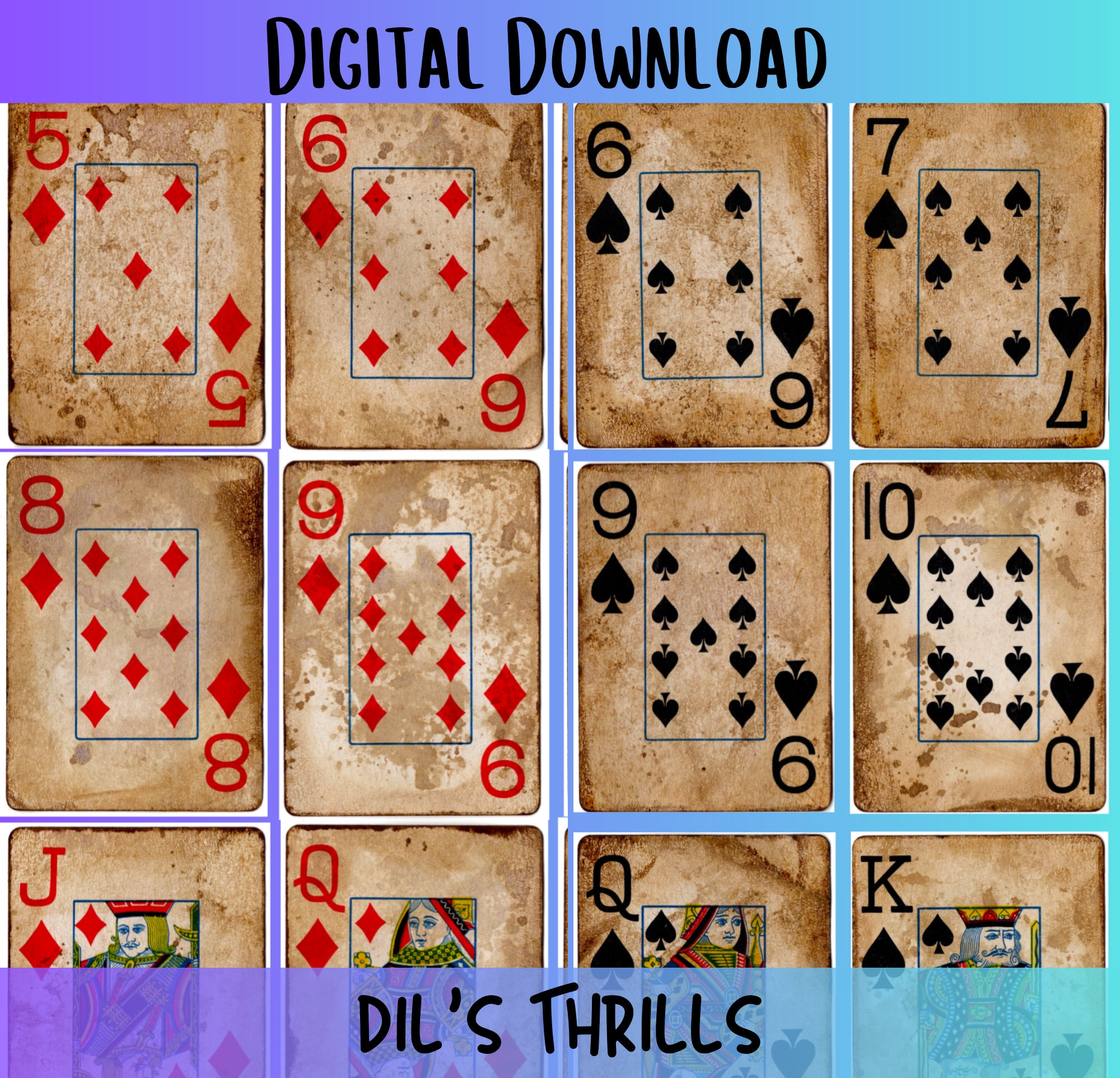 Aged Distressed Playing Cards- Full Deck - Altered Grunge Vintage Look ...