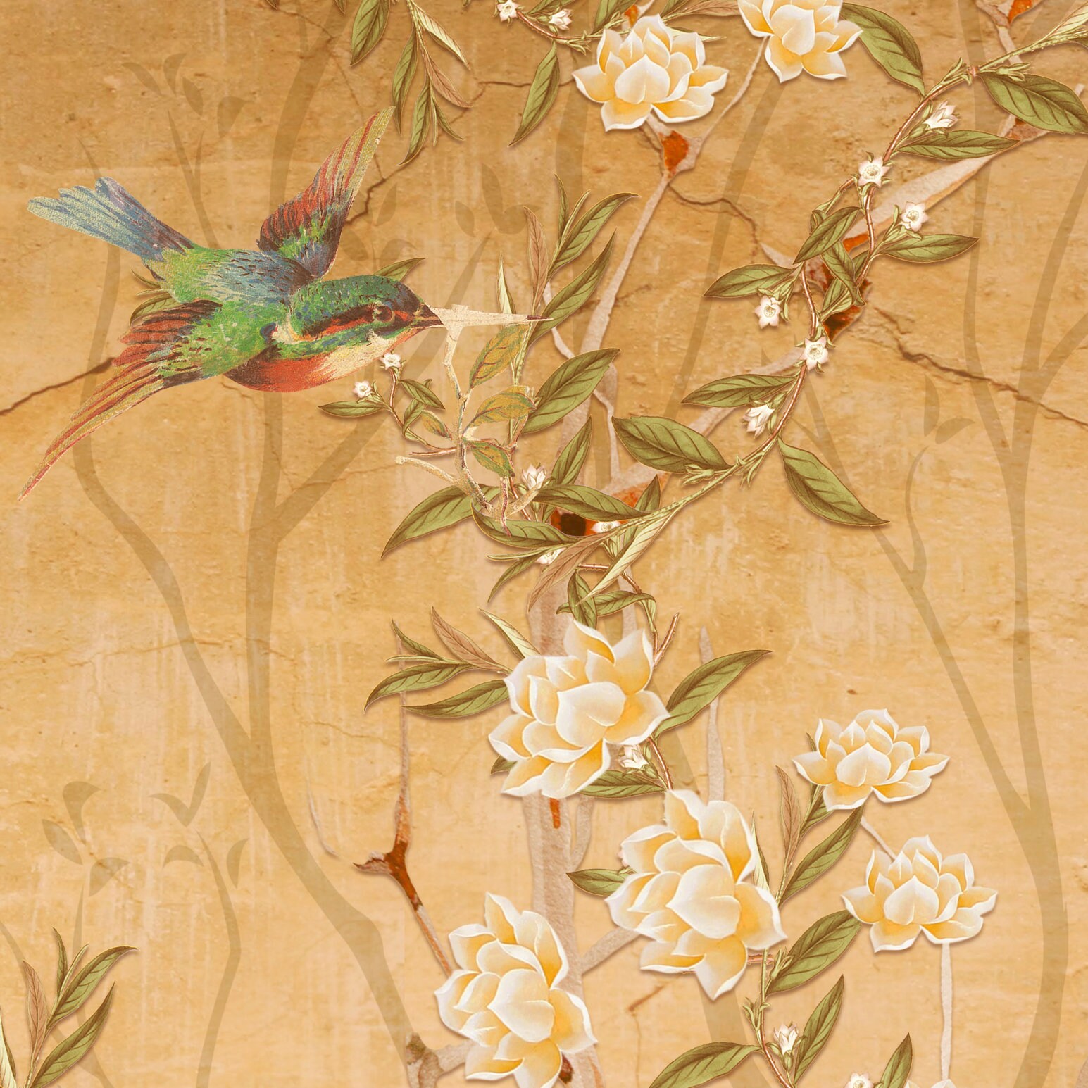Vintage Chinoiserie Wallpaper Printable Mural, Watercolor Chinese Birds ...