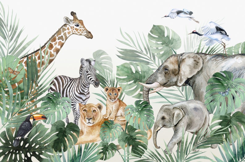 Watercolor Safari Animals Printable Nursery Wallpaper Mural, Jungle ...