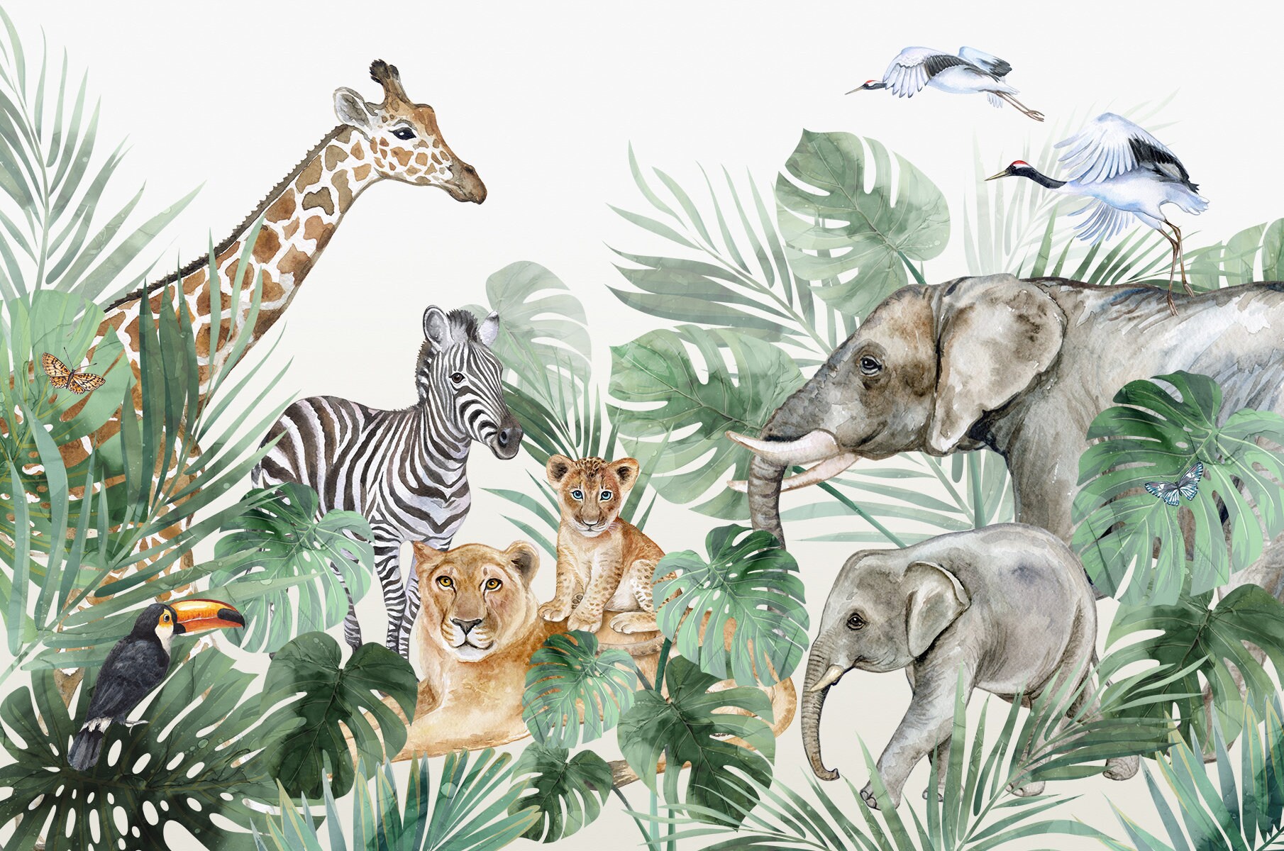 Watercolor Safari Animals Printable Nursery Wallpaper Mural, Jungle ...
