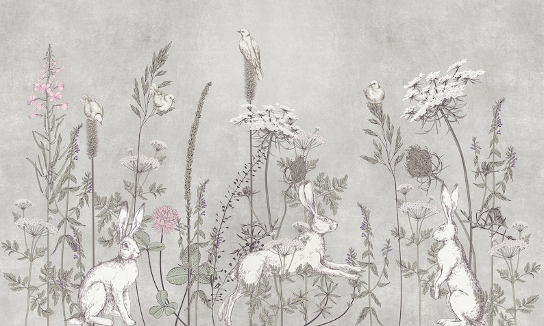 Bunnies and Herbs Nursery Wallpaper Mural Instant Download, Printable ...