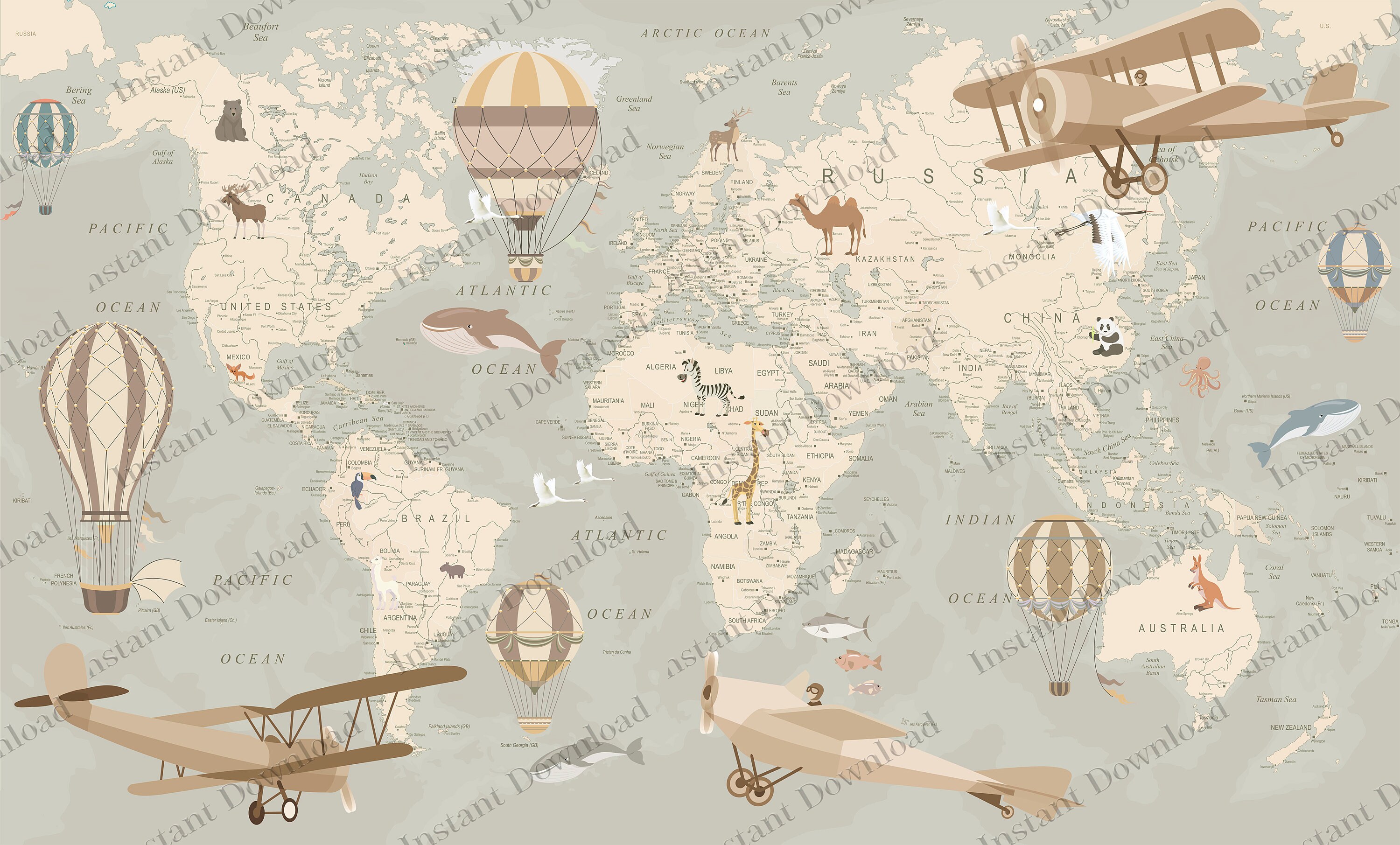 Kids Map Printable Wallpaper Mural, Planes & Hot Air Balloons Instant ...