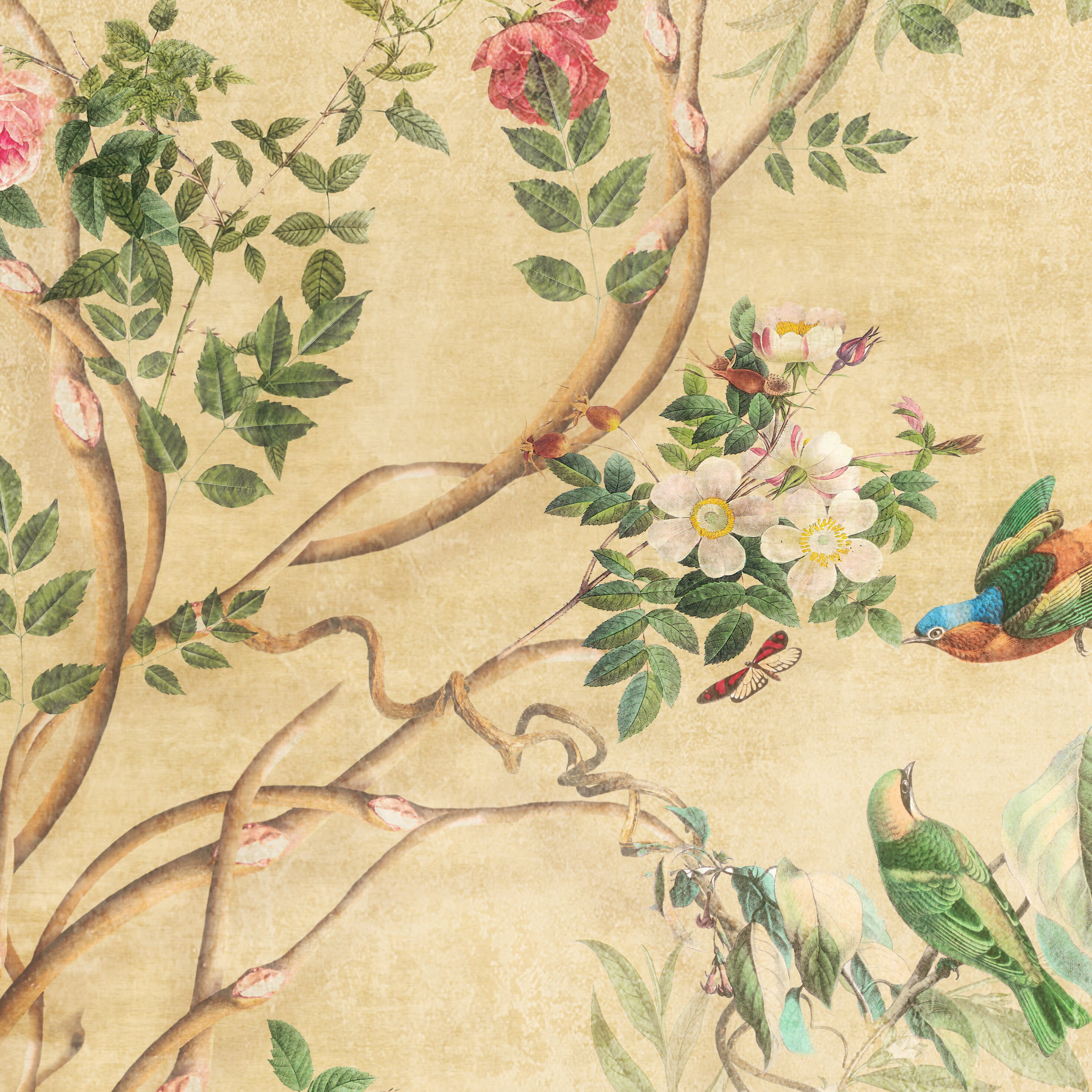 Chinese Birds Wallpaper Printable Mural, Vintage Chinoiserie Digital ...