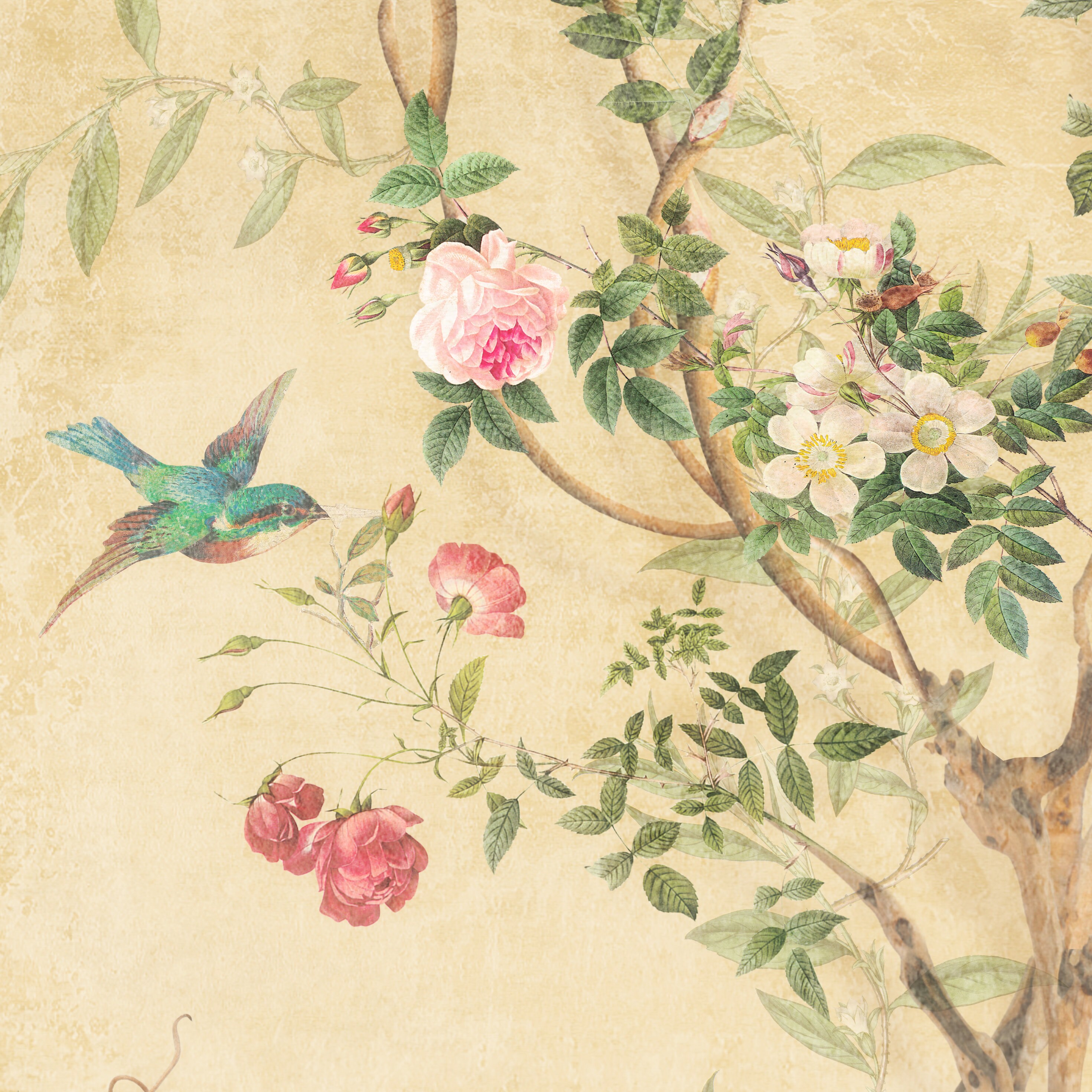 Chinese Birds Wallpaper Printable Mural, Vintage Chinoiserie Digital ...