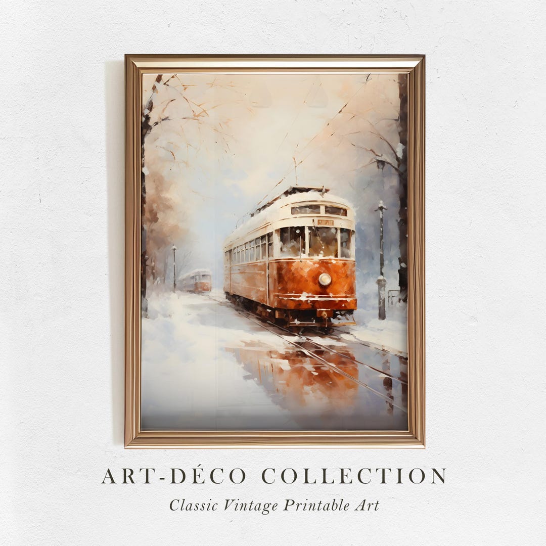 Vintage Snowy Tram Printable Wall Art – Cozy Winter Cityscape ...