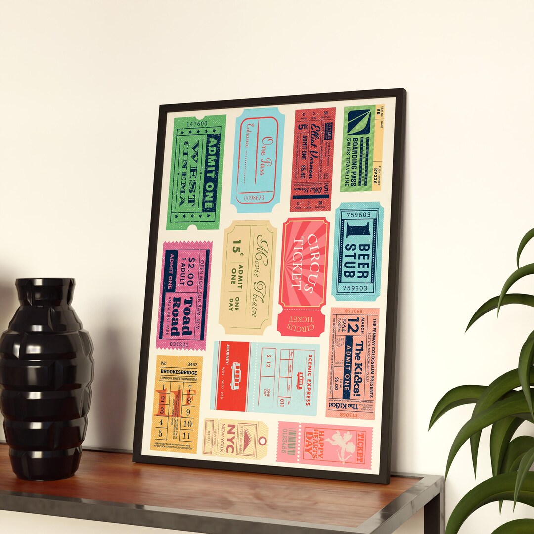 Vintage Tickets Printable Wall Art, Colorful Retro Ticket Designs ...