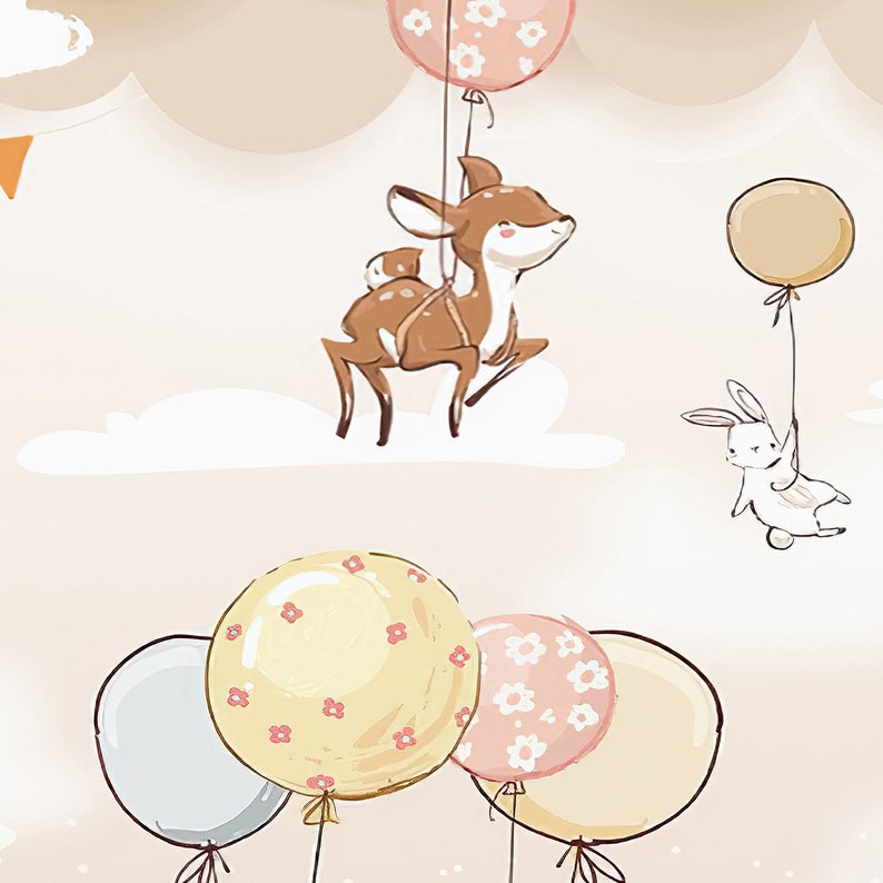 Cute Animal Ballon Flying Printable Wallpaper Mural, Beige Sky and ...