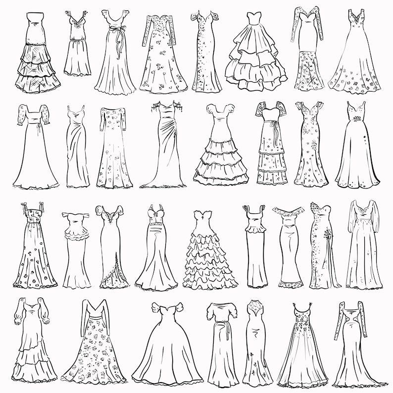 32 Whimsical Wedding Dresses SVG, PNG, AI, Illustrations, Hand Drawn ...