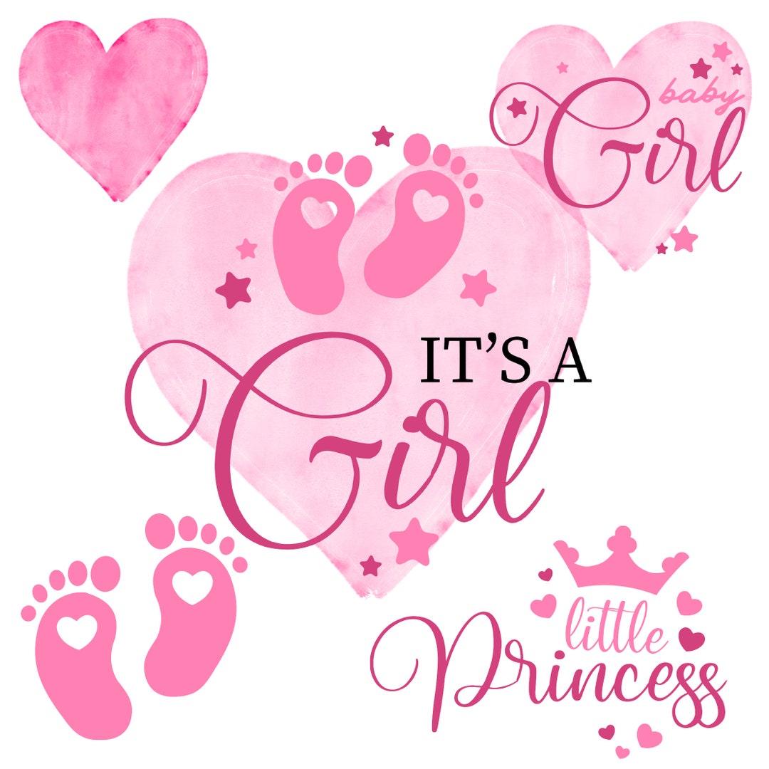 It's a Girl, Digital Files, Set Od 5 Baby Gril Pink Announcement ...