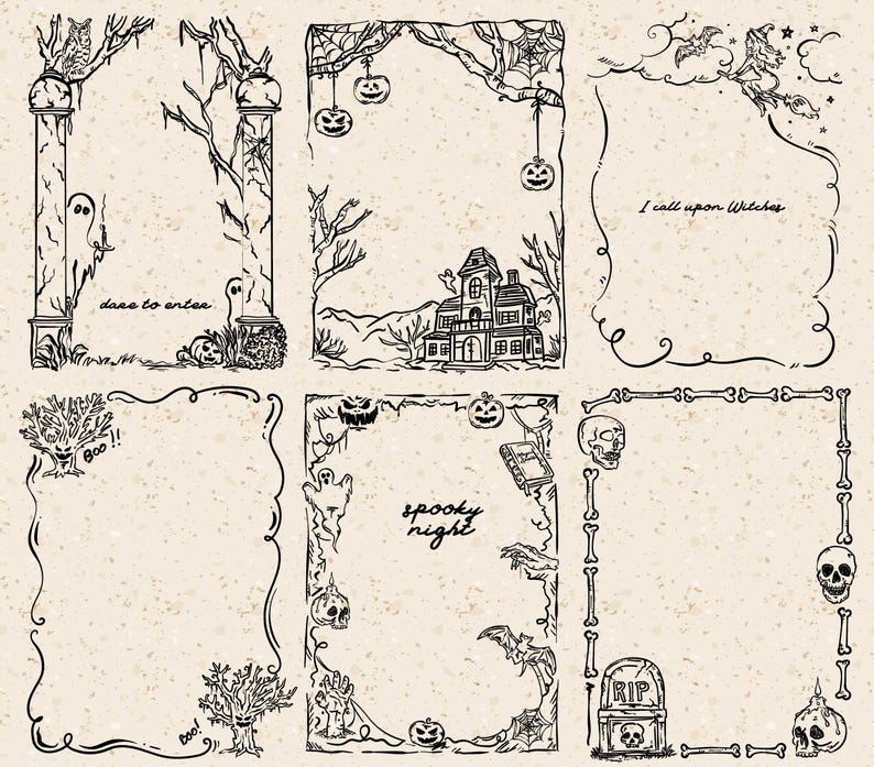 Whimsical Halloween Frames: Hand-drawn SVG PNG Set (digital Download ...