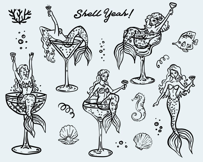 Whimsical Mermaid Patry, Hand Drawn, Mermaidin Glass, Girls Night Out ...