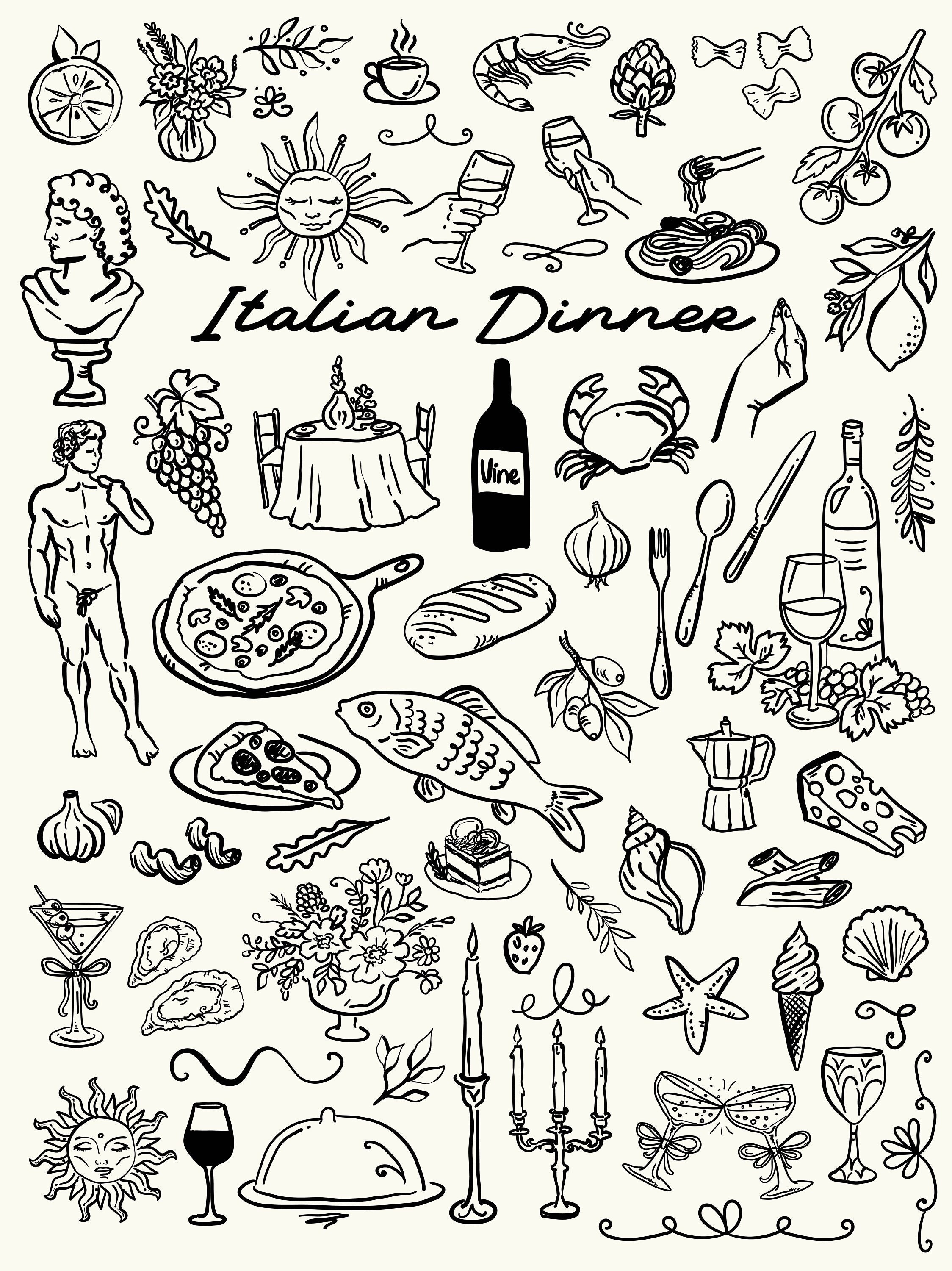 60+ Italian Dinner Whimsical Style, SVG, PNG, AI, Illustrations, Hand ...