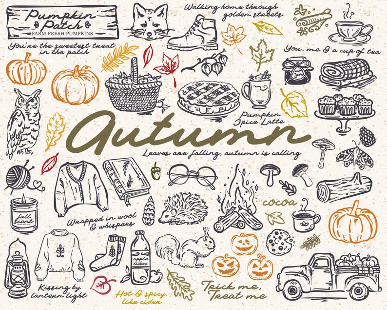 Whimsical Fall Clipart Set: Hand-drawn Autumn Graphics (SVG, PNG) - Etsy