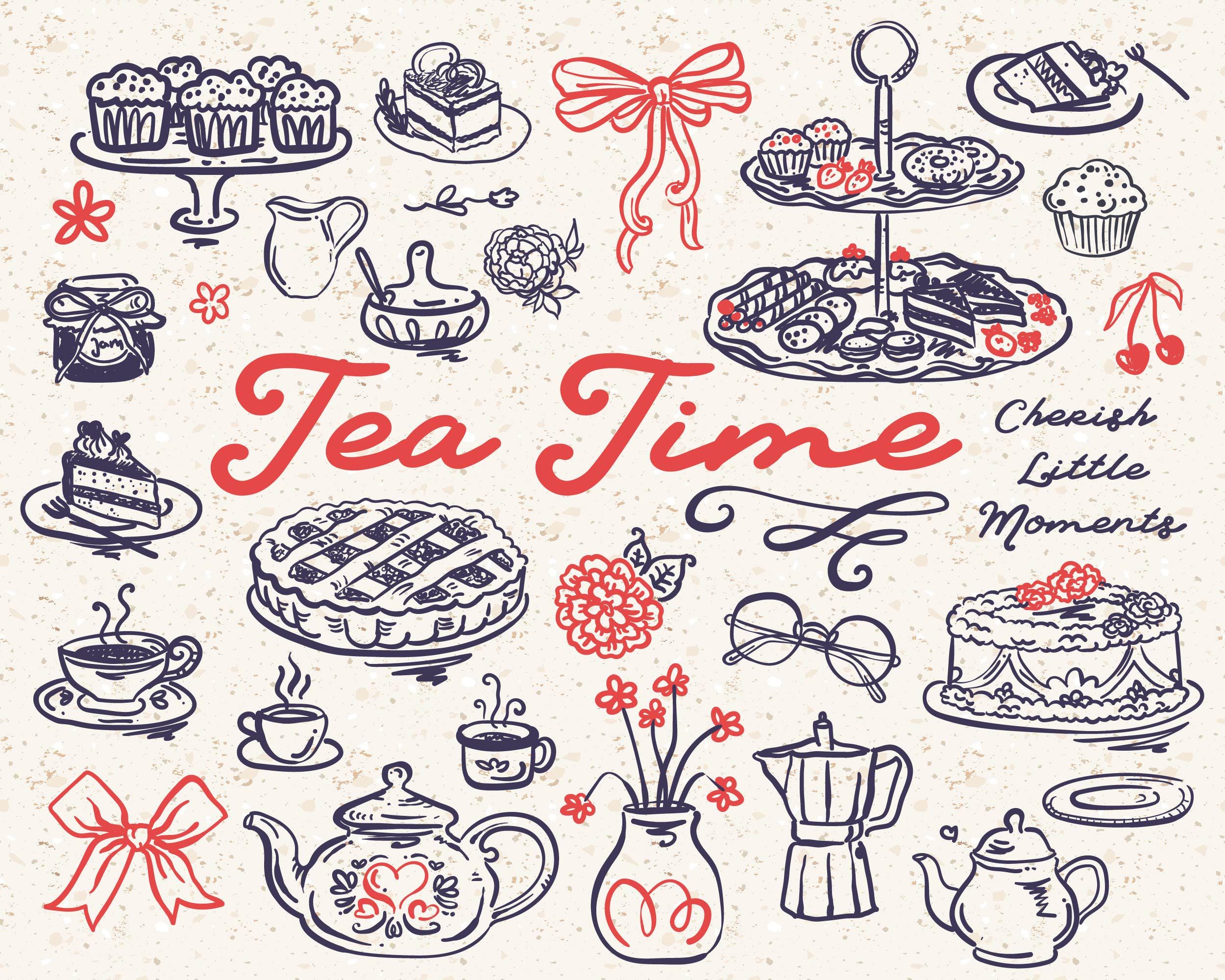 Whimsical Tea Party Illustrations: Hand-drawn Tea, Coffee, Cake ...