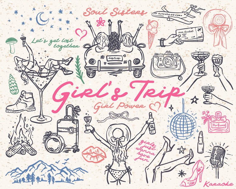 Girl's Trip Illustration Set: Whimsical Bachelorette Party Graphics ...