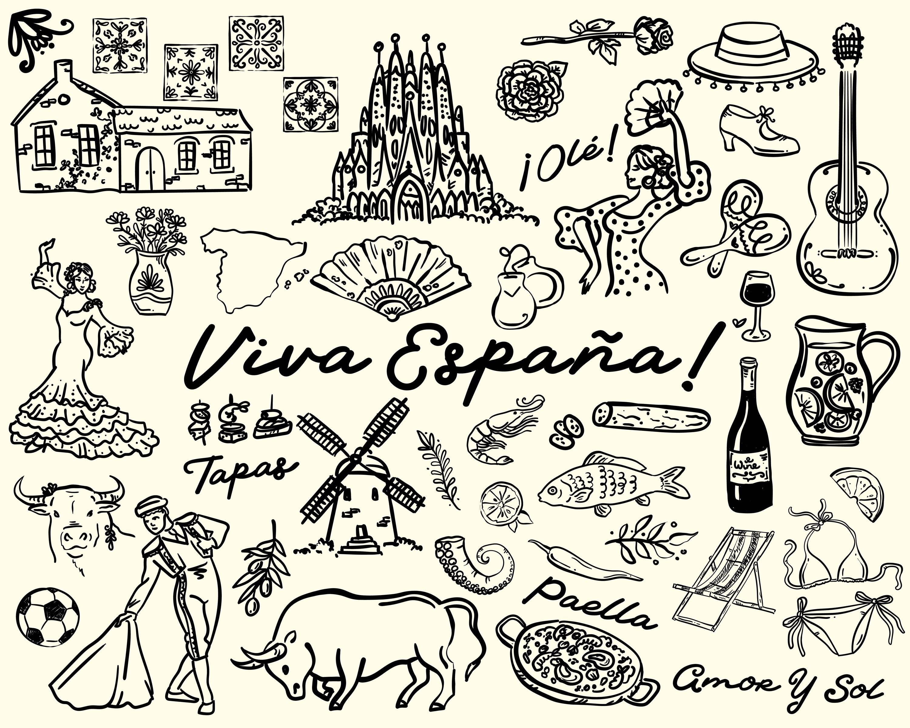 40+ Spanish Whimsical Style Illustrations, Spain, SVG, PNG, Hand Drawn ...
