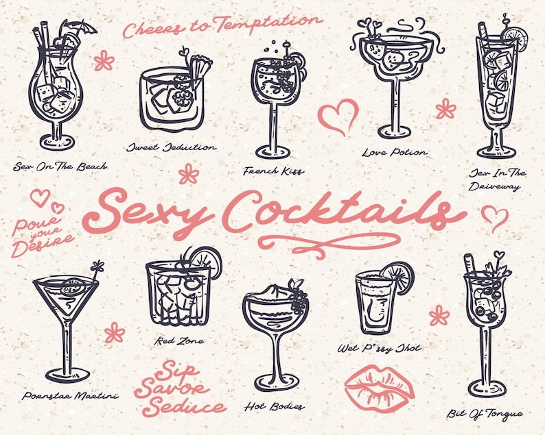 Sassy Sips: 10 Whimsical SVG, PNG, Sexy Drinks and Cocktails Illustrations, Collection, Set ...
