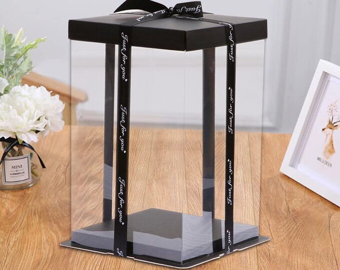 Empty Transparent Gift Present Box With Black Base and Ribbon, Assemble ...