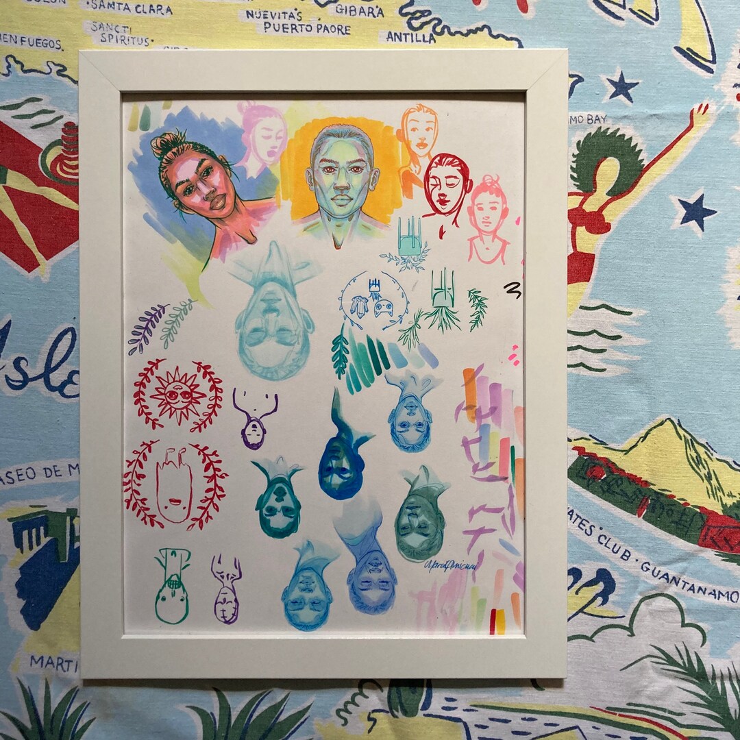 Blue Portraits Framed Sketchbook Page Original Drawing - Etsy