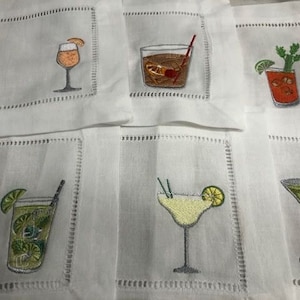 Alcohol Themed Embroidered Cocktail Napkins, Boozy Cocktail Napkins Set ...