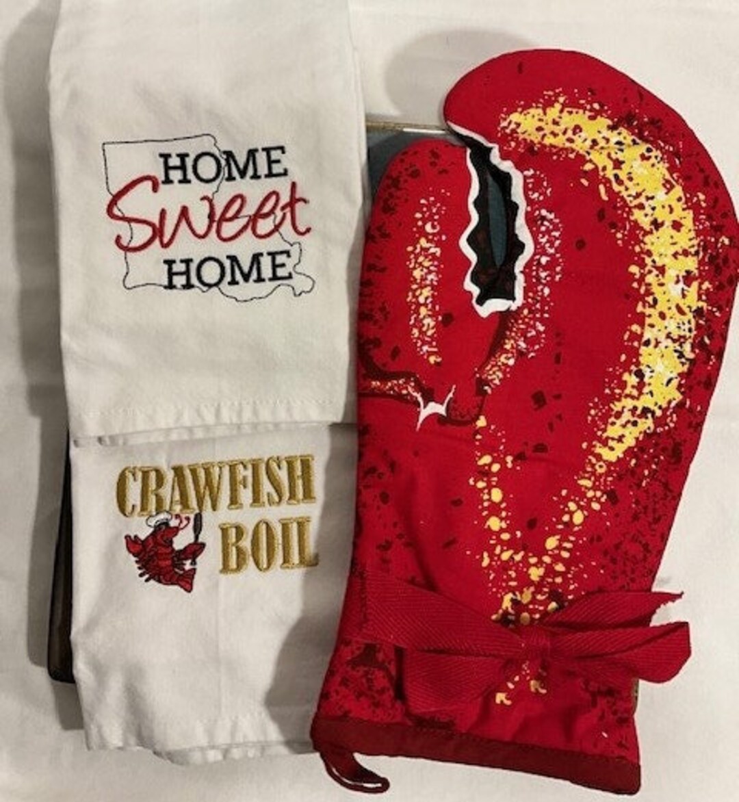 Cajun Crawfish Kitchen Set- Oven Mitt and Festive Tea Towels, Cajun ...