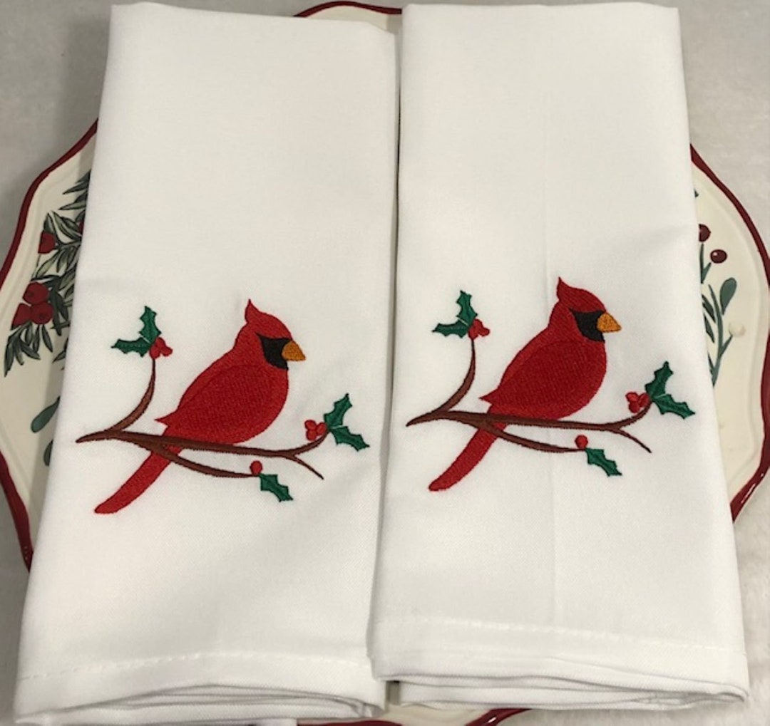 Christmas Cardinal on Holly Branch Cloth Dinner Napkin Set, Embroidered ...