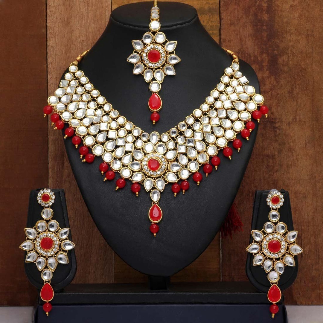 Indian Bridal Party Bollywood Red Color Kundan Necklace With Earrings ...