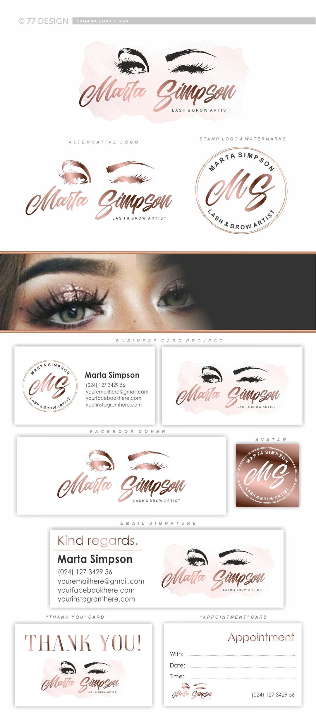 Rose Gold Lash Logo Design, Artist Logo, Eyelash Branding Kit, Premade ...