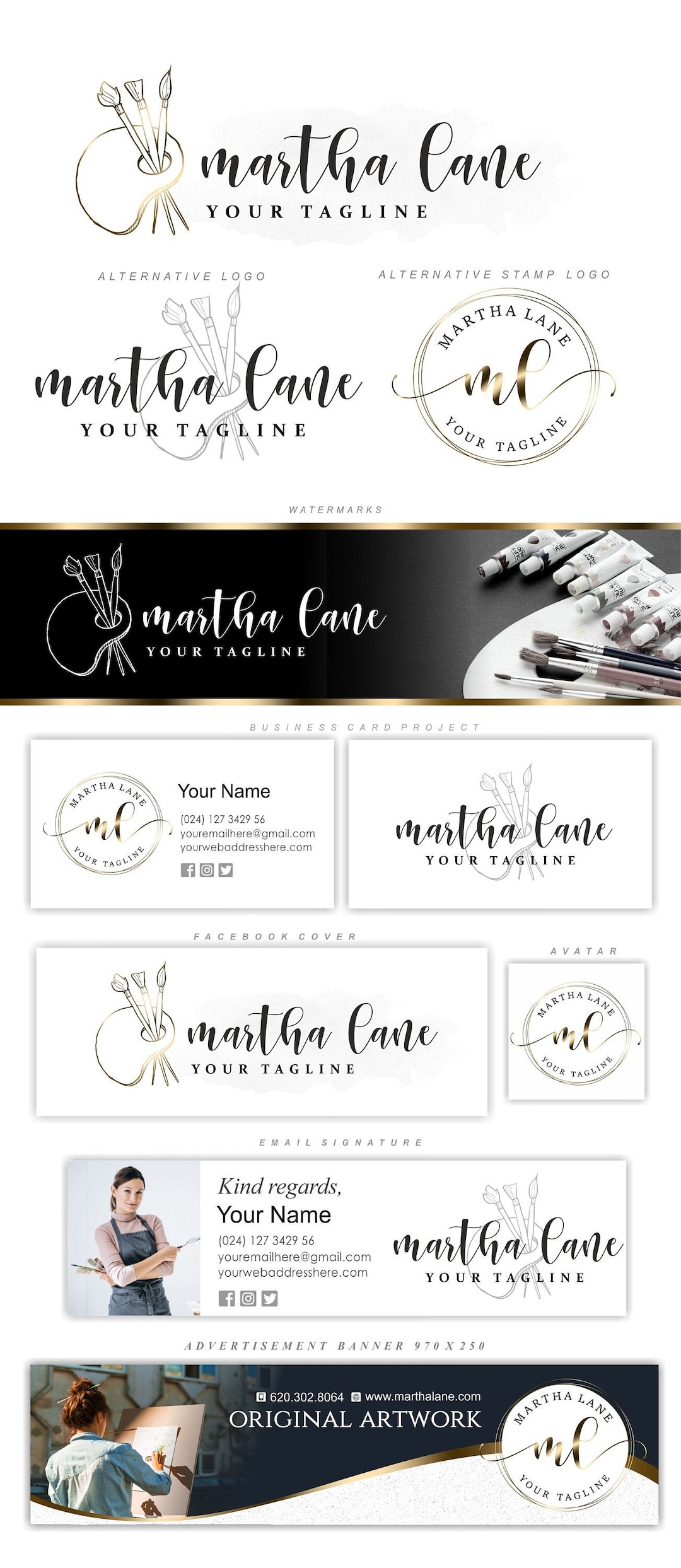 Painting Logo, Art Shop Logo Set, Paint Brush Logo, Watermark Logo, Art ...